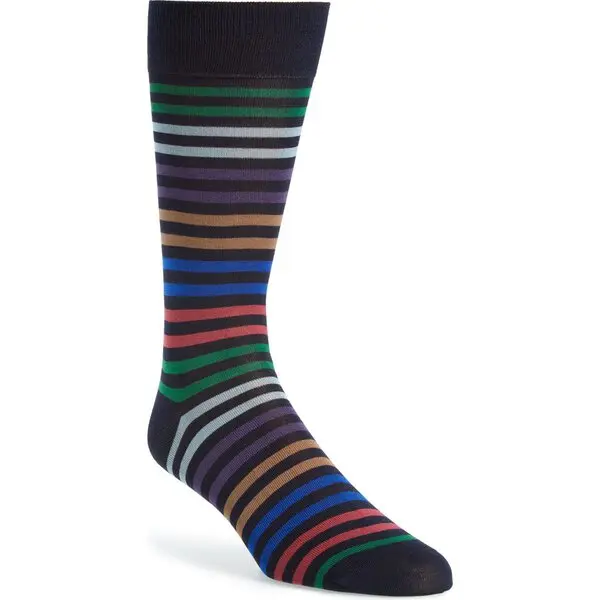 Pantherella Kilburn Stripe Cotton Blend Dress Socks - Navy
