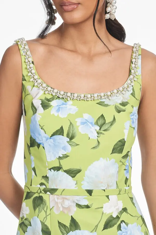 Sachin & Babi Lana Floral Printed Column Gown With Pearl-beaded Neckline - Citrine Peonies