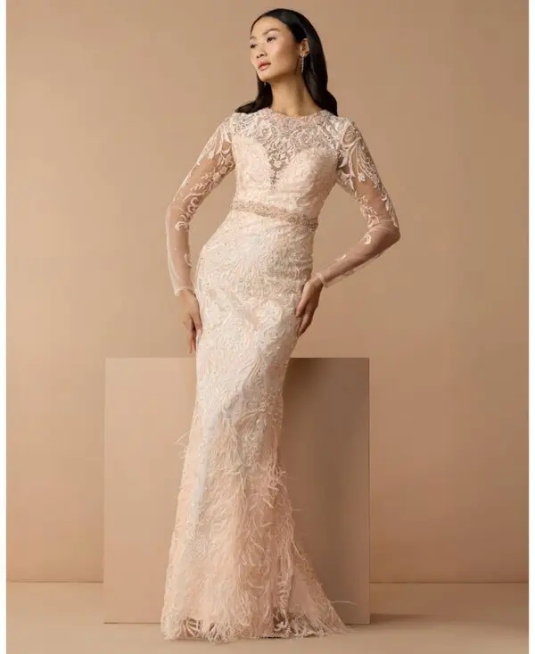 Mac Duggal Embroidered Illusion Long Sleeve Trumpet Gown