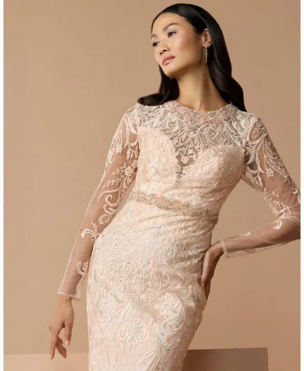 Mac Duggal Embroidered Illusion Long Sleeve Trumpet Gown
