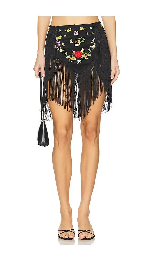 NIIHAI Embroidered Floral Fringe Skirt - Black