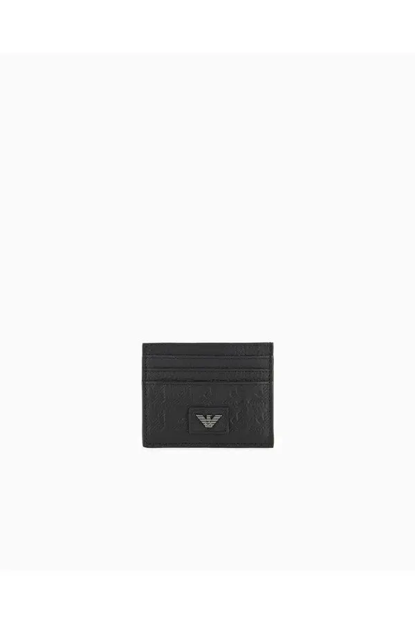 Emporio Armani Leather Card Holder With All-over Embossed Eagle - Black