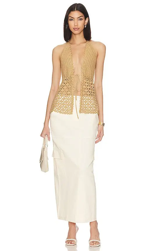 MORE TO COME Alice Tie Front Crochet Halter Top - Beige