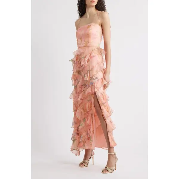 HUTCH Ruffle Maxi Dress - Orange Tone Marble Swirl