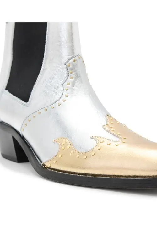 All Saints Denver Studded Western Chelsea Boots Silver/ Gold