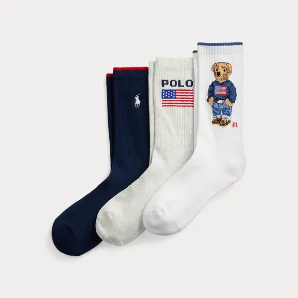 Ralph Lauren Polo Bear Crew Socks - White/navy/grey