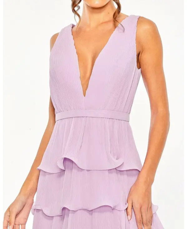 Mac Duggal Deep V Chiffon Ruffle Midi Dress