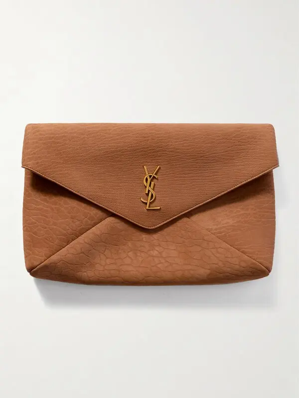 Saint Laurent Cassandre Large Textured-nubuck Clutch - Neutrals