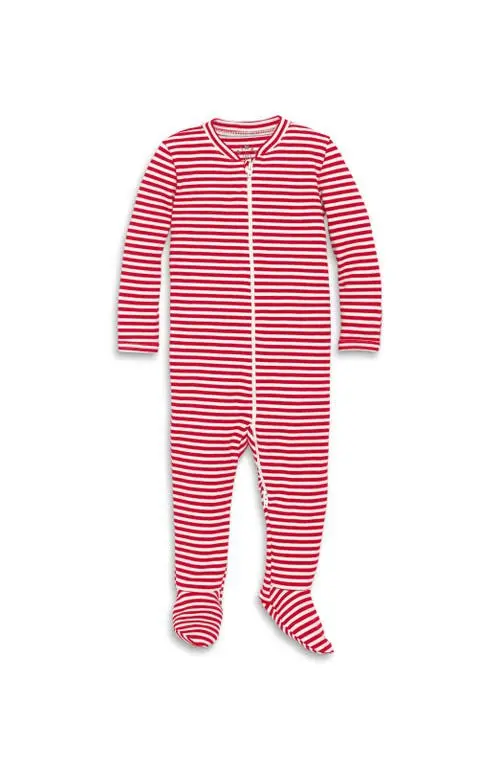 PRIMARY Baby Organic Cotton Striped Footie With Two-way Zipper - Cherry Ivory Mini Stripe