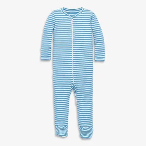 PRIMARY Baby Organic Striped Zip Footie - Cornflower Ivory Mini Stripe