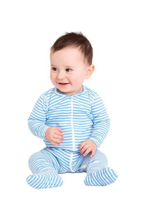 PRIMARY Baby Organic Striped Zip Footie - Cornflower Ivory Mini Stripe