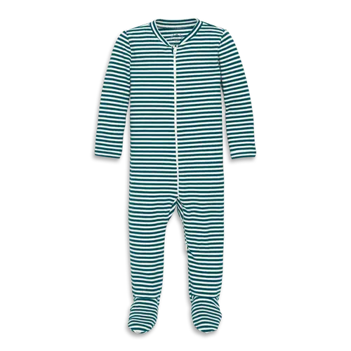 PRIMARY Baby Organic Striped Zip Footie - Forest Ivory Mini Stripe