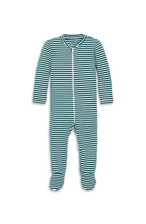 PRIMARY Baby Organic Cotton Striped Footie With Two-way Zipper - Forest Ivory Mini Stripe
