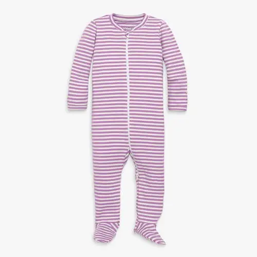 PRIMARY Baby Organic Striped Zip Footie - Lavender Ivory Mini Stripe