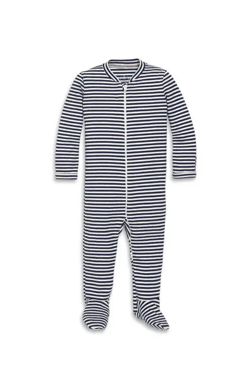 PRIMARY Baby Organic Striped Zip Footie - Navy Ivory Mini Stripe