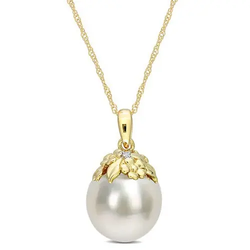 JULIANNA B. 14k Gold Pearl And Diamond Accent Leaf Pendant Necklace - South Sea Pearl/yellow Gold