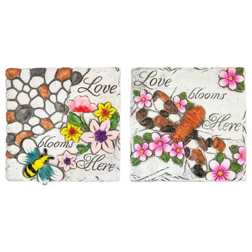NORTHLIGHT Set Of 2 'love Blooms Here' Floral Outdoor Garden Stones 7 - Multi