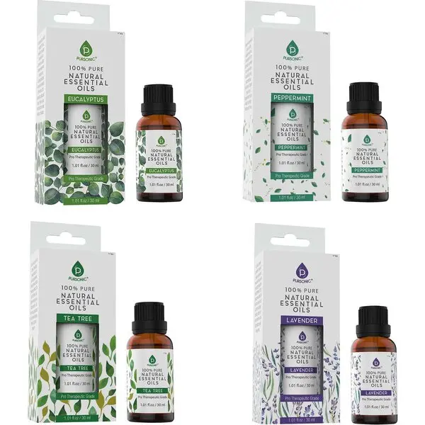 PURSONIC 4-pack Pure & Natural Essential Oils Collection Eucalyptus, Lavender, Tea Tree - Black