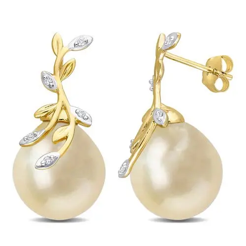 JULIANNA B. 14k Gold Pearl And Diamond Leaf Earrings - South Sea Pearl/yellow Gold