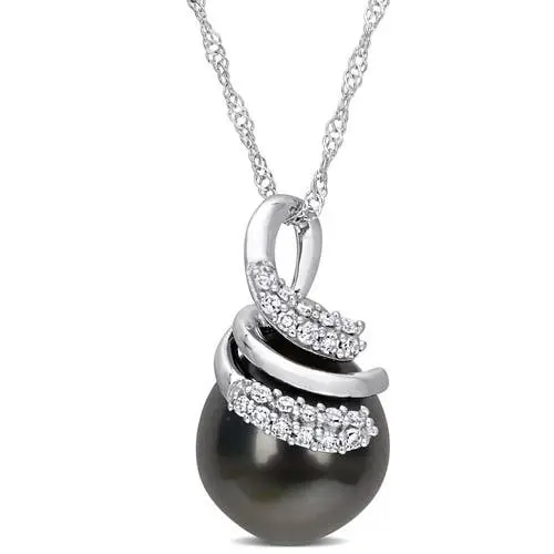 JULIANNA B. Cultured Pearl And Diamond Swirl Pendant Necklace - Tahitian Pearl/14k White Gold