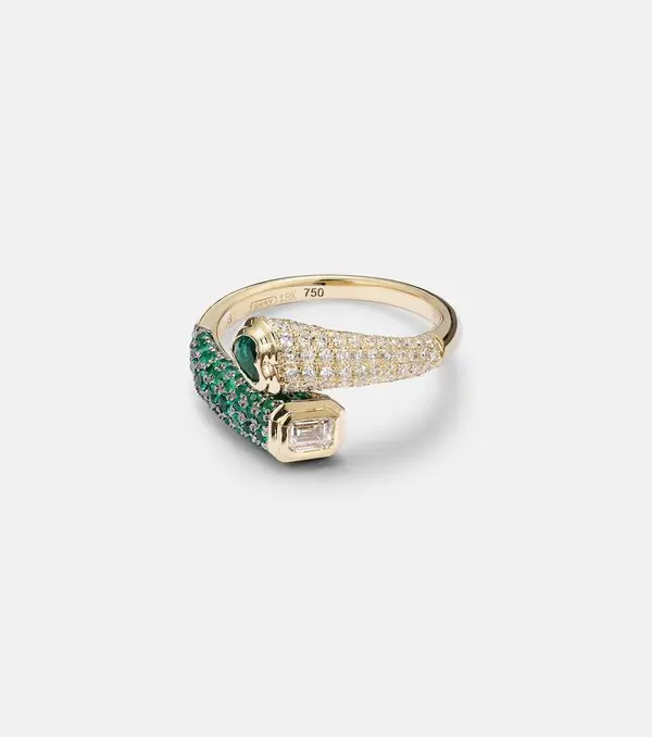 Shay Jewelry Mixed Bypass 18kt Ring With Emeralds And Diamonds - Gold