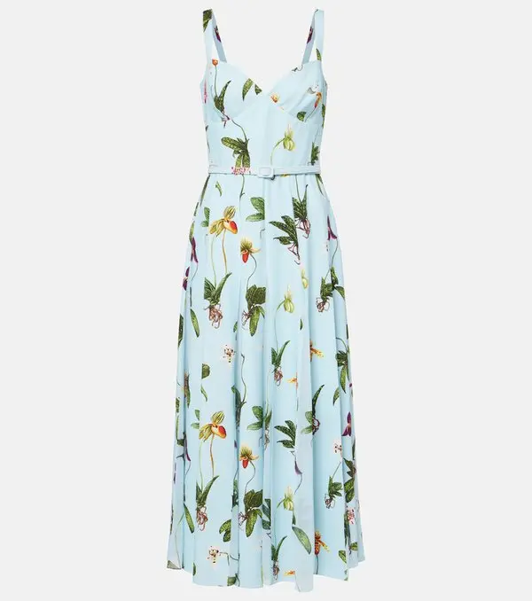 Oscar De La Renta Floral Print Belted Cady Midi Dress - Blue