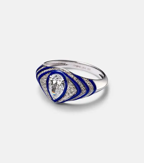 KAMYEN Striped Pear 18kt White Gold And Enamel Ring With Diamonds - Silver