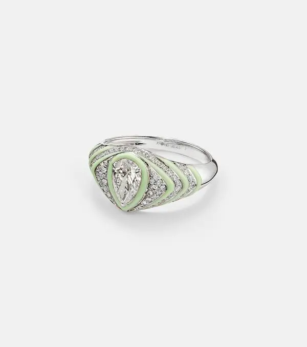 KAMYEN Striped Pear 18kt White Gold And Enamel Pinky Ring With Diamonds - Silver