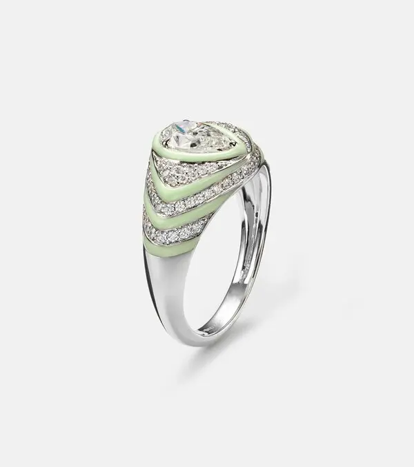 KAMYEN Striped Pear Diamond And Enamel Ring In 18kt White Gold