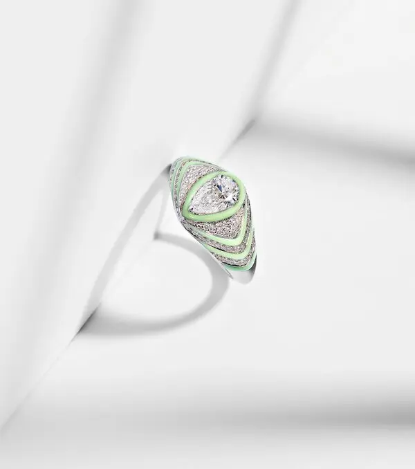 KAMYEN Striped Pear Diamond And Enamel Ring In 18kt White Gold
