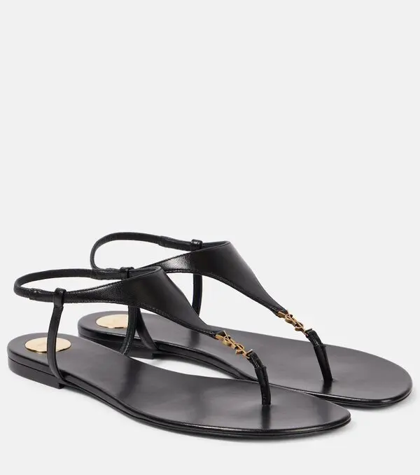 Saint Laurent Cassandra Leather Thong Sandals - Black