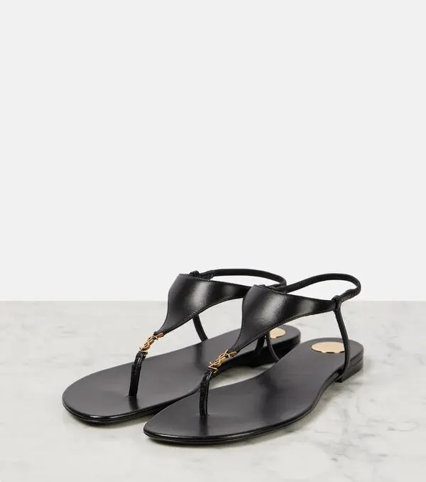 Saint Laurent Cassandra Leather Thong Sandals - Black