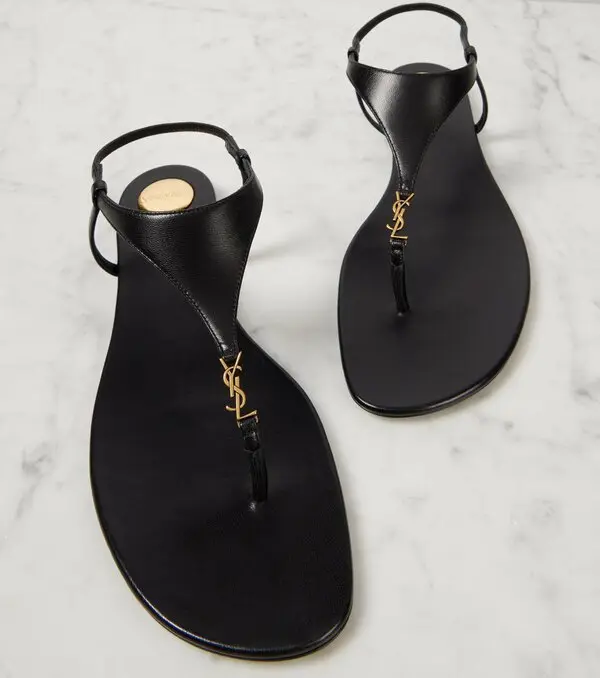 Saint Laurent Cassandra Leather Thong Sandals - Black