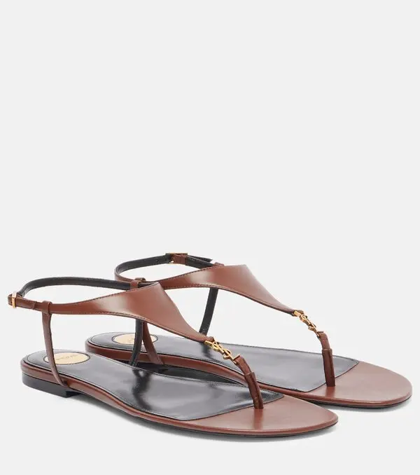 Saint Laurent Cassandra Leather Thong Sandals - Brown