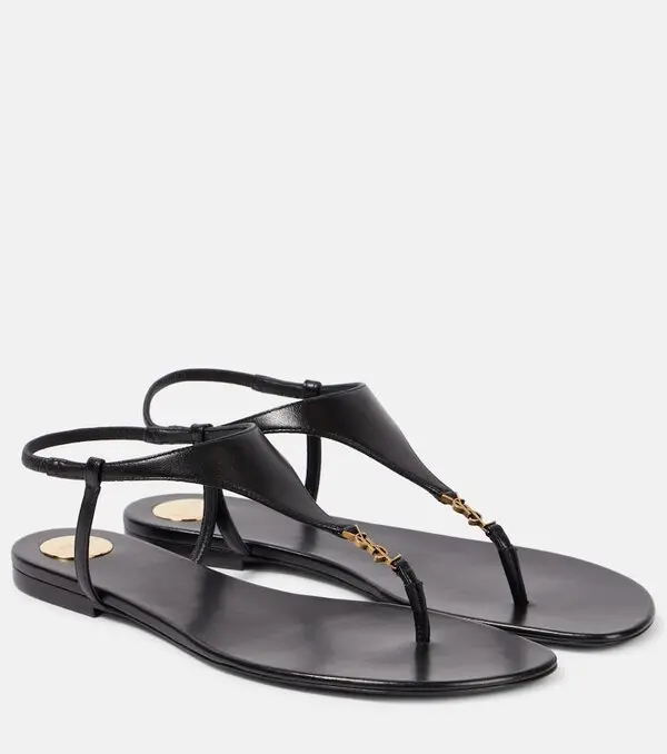 Saint Laurent Cassandra Leather Thong Sandals - Black