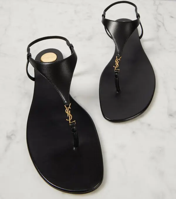 Saint Laurent Cassandra Leather Thong Sandals - Black