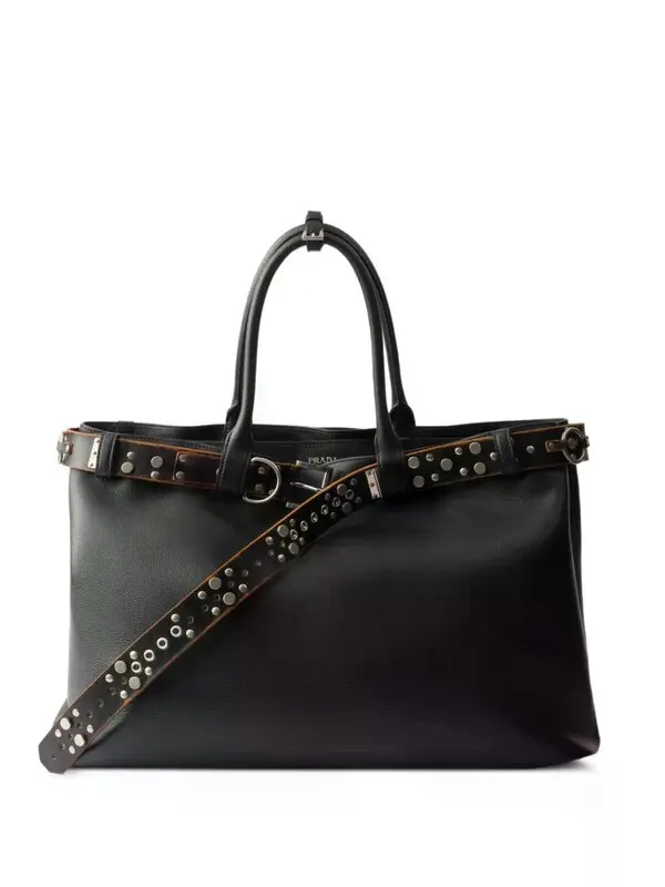 Prada Buckled Leather Tote Bag With Stud Embellishment - Black