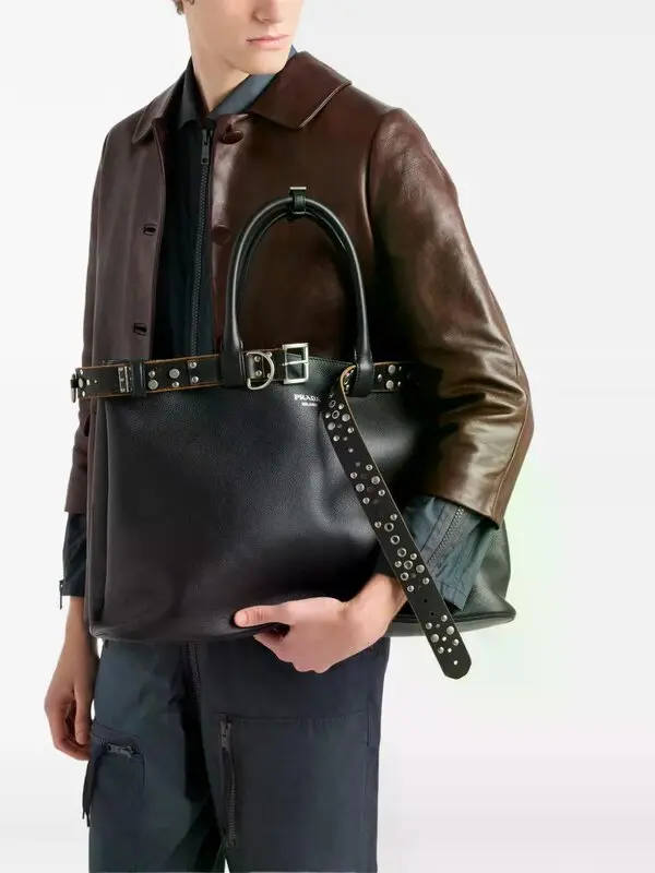Prada Buckled Leather Tote Bag With Stud Embellishment