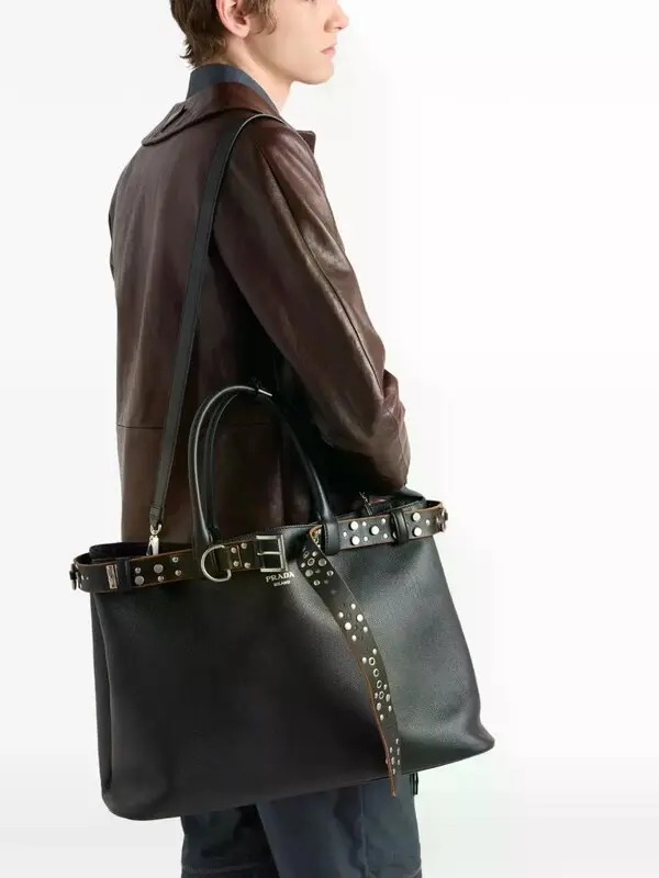 Prada Buckled Leather Tote Bag With Stud Embellishment