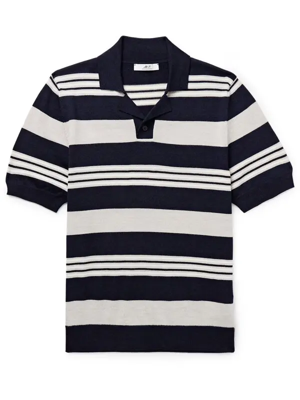 Mr P. Camp-collar Striped Merino Wool Polo Shirt - Blue
