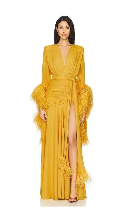 BRONX BANCO Geisha Maxi Dress With Feather Accents