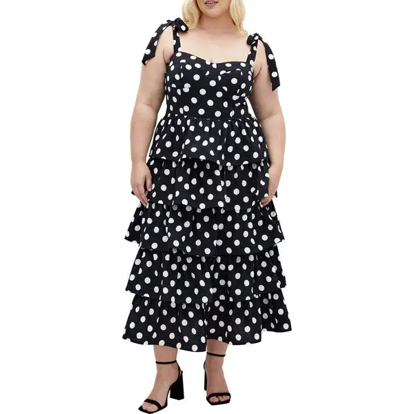 City Chic Elina Polka Dot Tiered Midi Dress In Spot - 35% Off | Editorialist