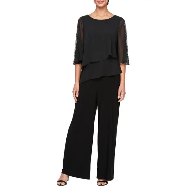 SL FASHIONS Tiered Capelet Jumpsuit - Black