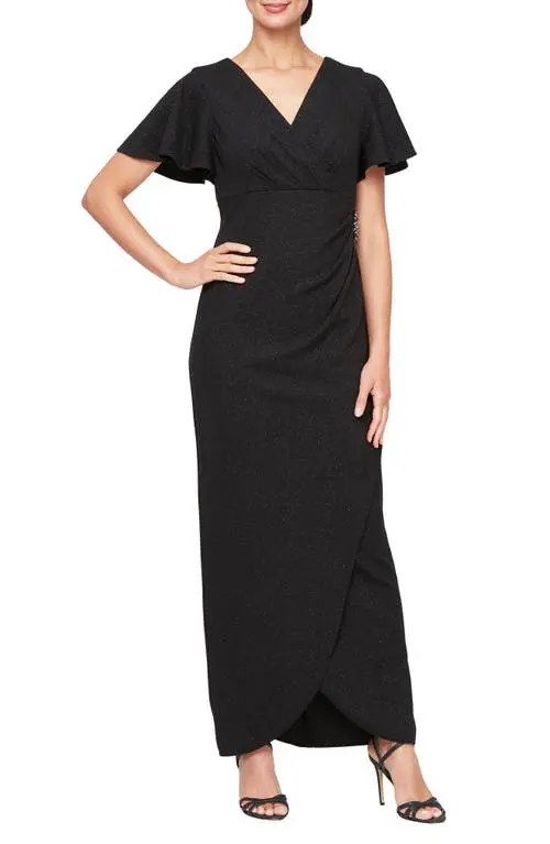 SL FASHIONS Flutter Sleeve Glitter Gown - Black