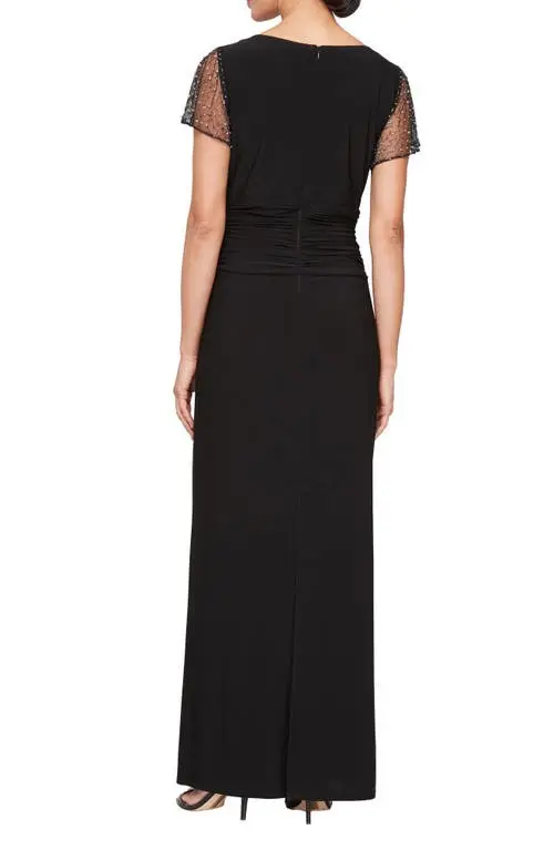 SL FASHIONS Ruched Beaded Flutter Sleeve Column Gown