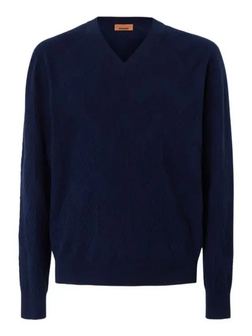 Missoni Cashmere V-neck Zigzag Pullover - Navy