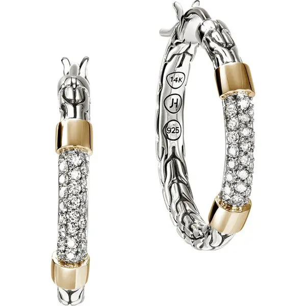 John Hardy Jh Essentials Two-tone Diamond Hoop Earrings - Silver