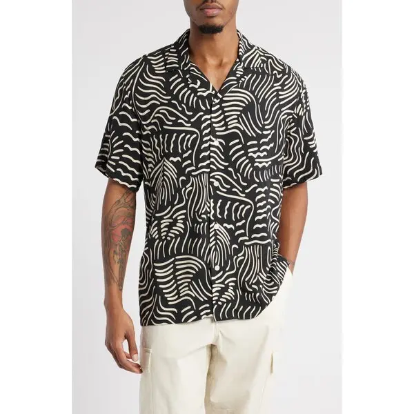 Oas Lorenzo Abstract Botanic Print Viscose Camp Shirt - Black