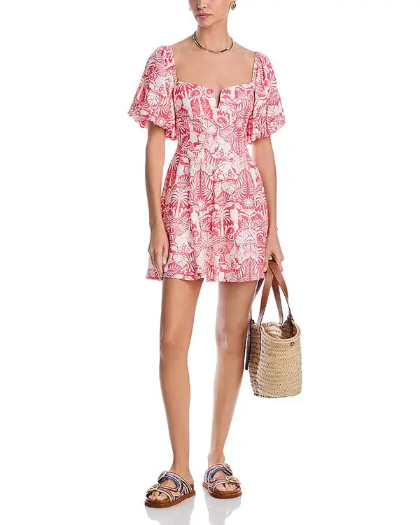 Aqua Printed Puff Sleeve Dress - Coral