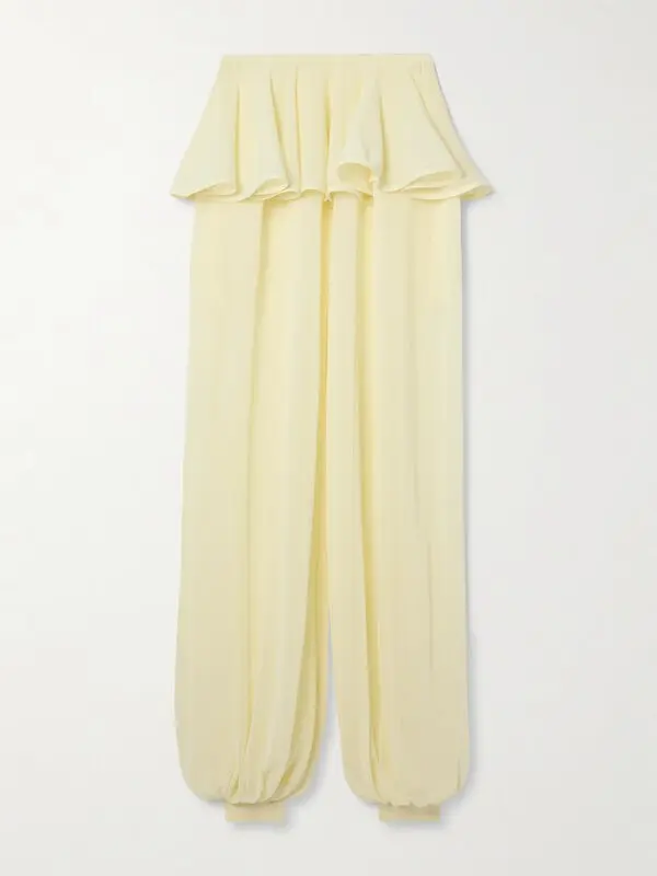 Alaïa Pleated Georgette Peplum Tapered Pants - Yellow